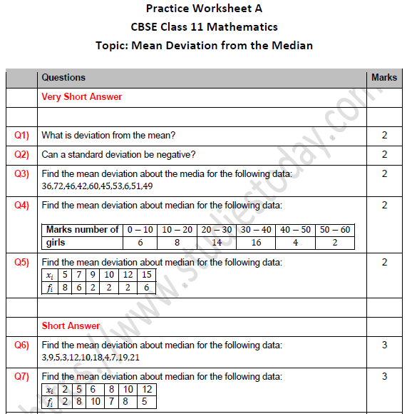 Cbse Class 11 Maths Mean Deviation From The Median Worksheet Set A